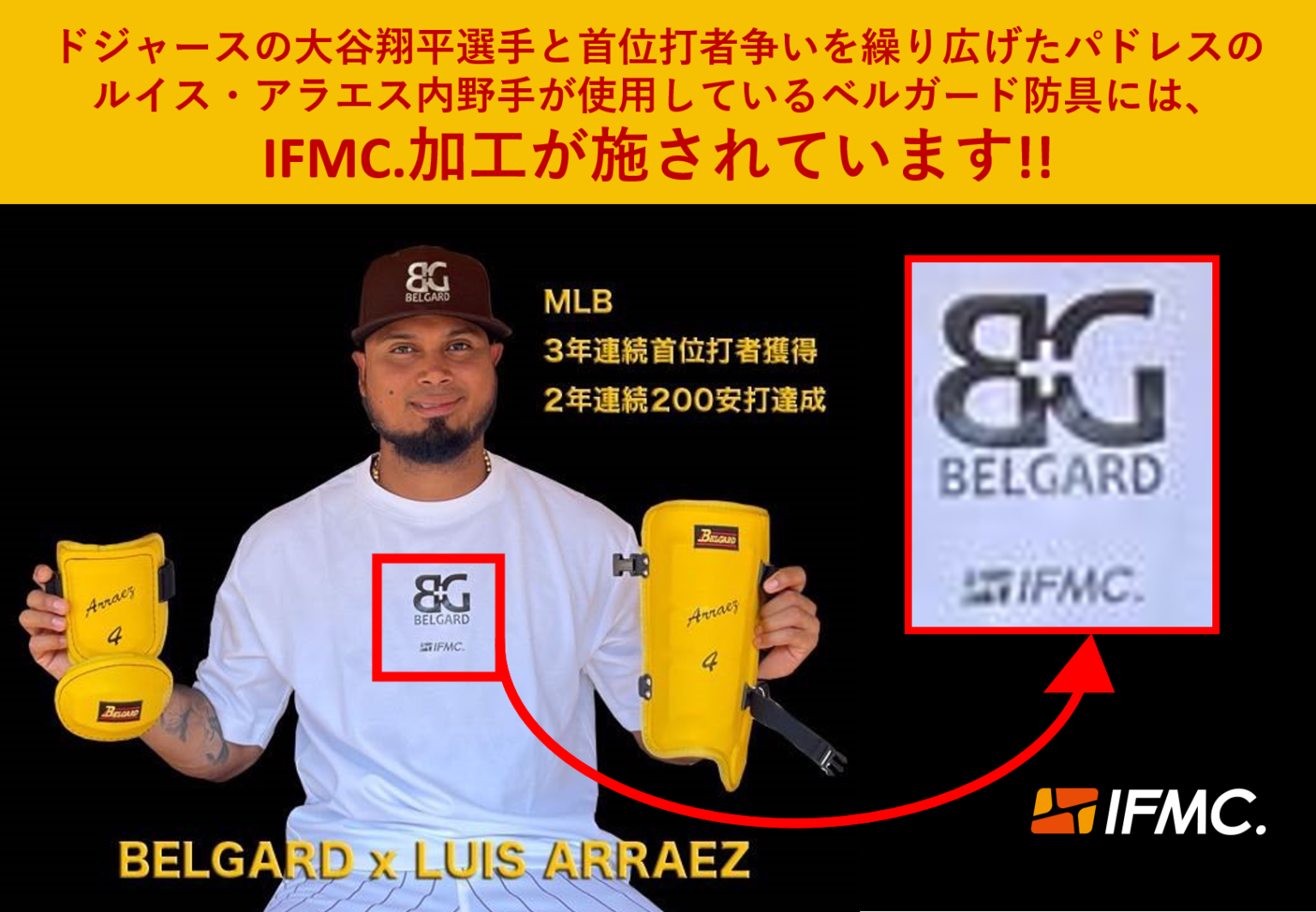 MLBで3年連続首位打者を獲得したルイス・アラエス選手が使用するベルガード防具にはIFMC.が加工されています - IFMC.（イフミック）